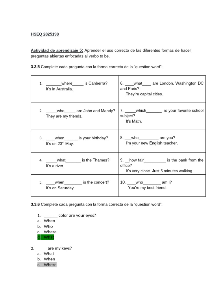 Actividad de aprendizaje 5 -WH QUESTIONS | PDF