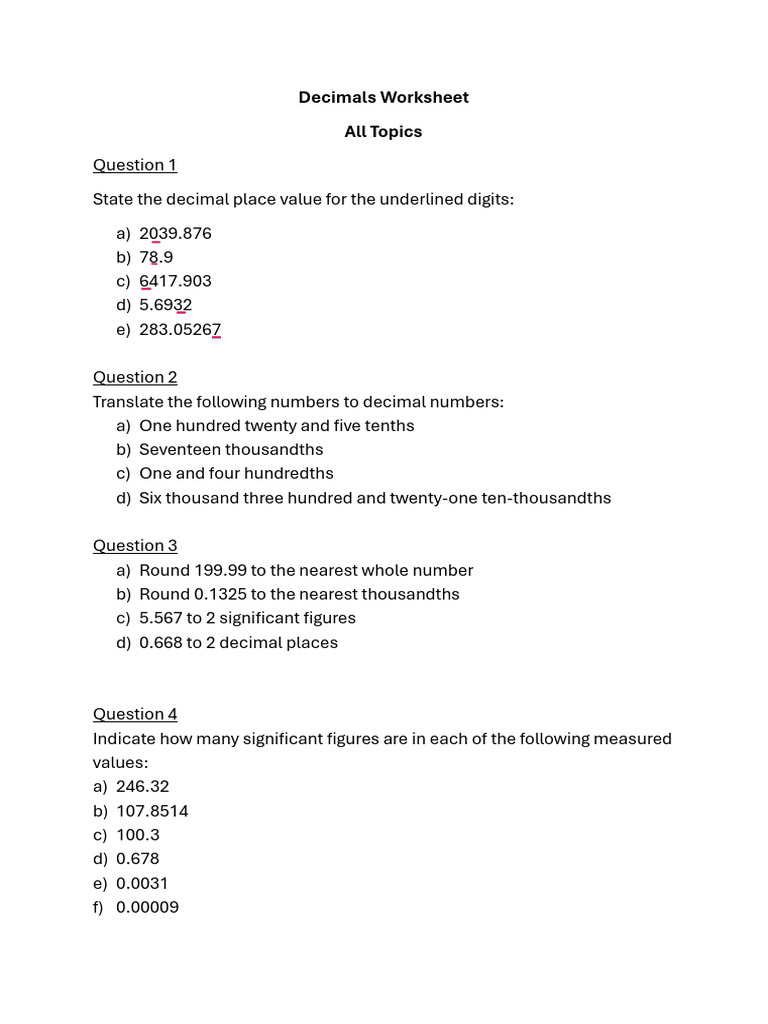 All Topic Decimal Worksheet | PDF