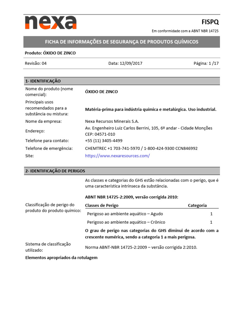 Fispq-Óxido de Zinco - Nexa | PDF
