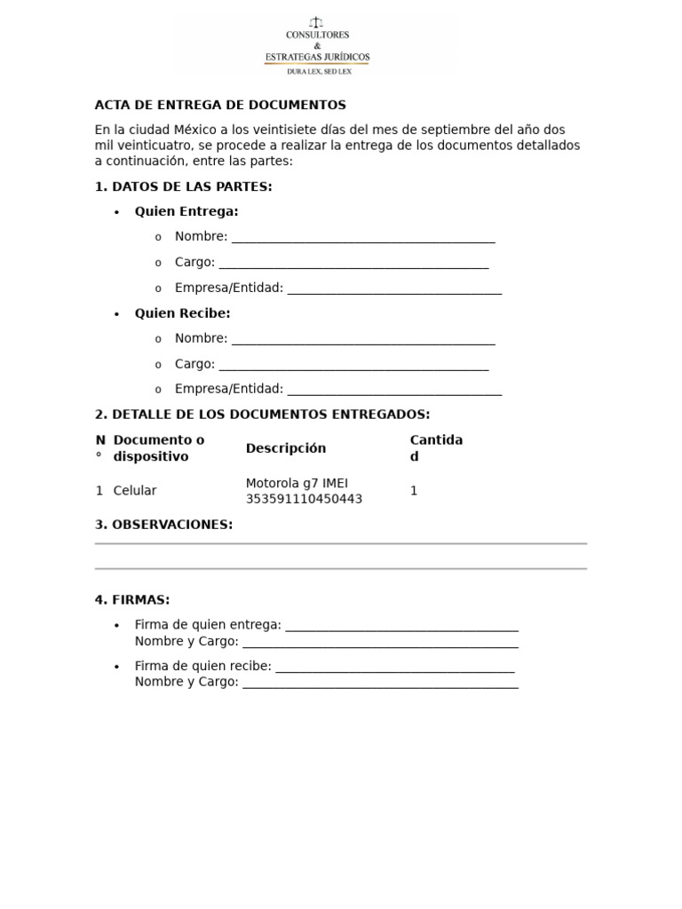 Acta de Entrega de Documentos | PDF