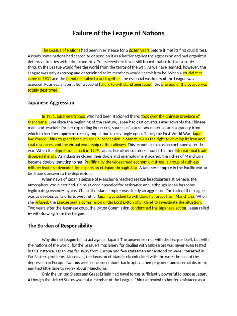 Failure of The League of Nations Article | PDF
