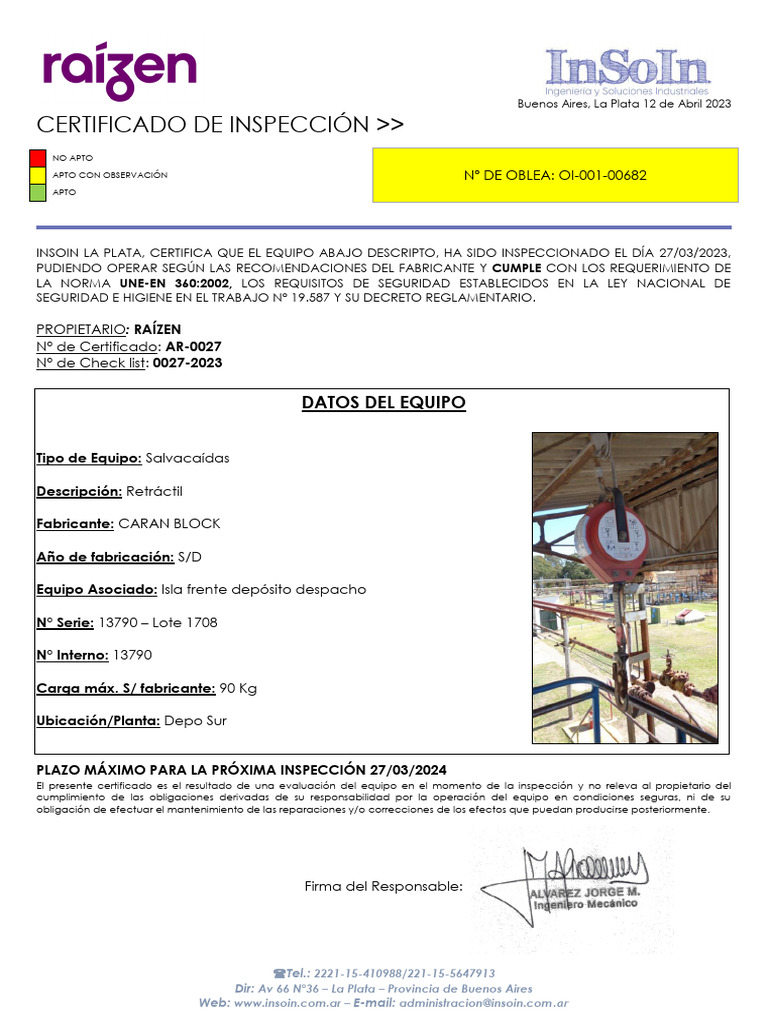 AR-0027 - Certificado e Informe de Inspección Anticaidas Retractil Depo Sur I | PDF