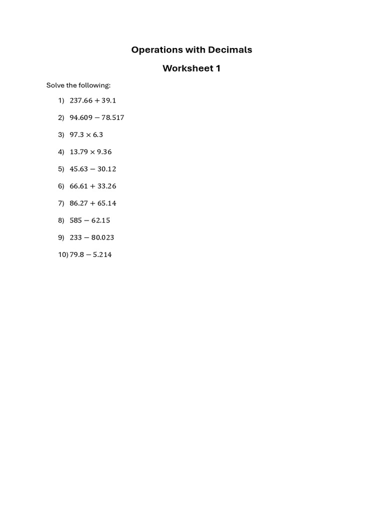 Decimal Operations (Add, Subtract, Multiply) | PDF