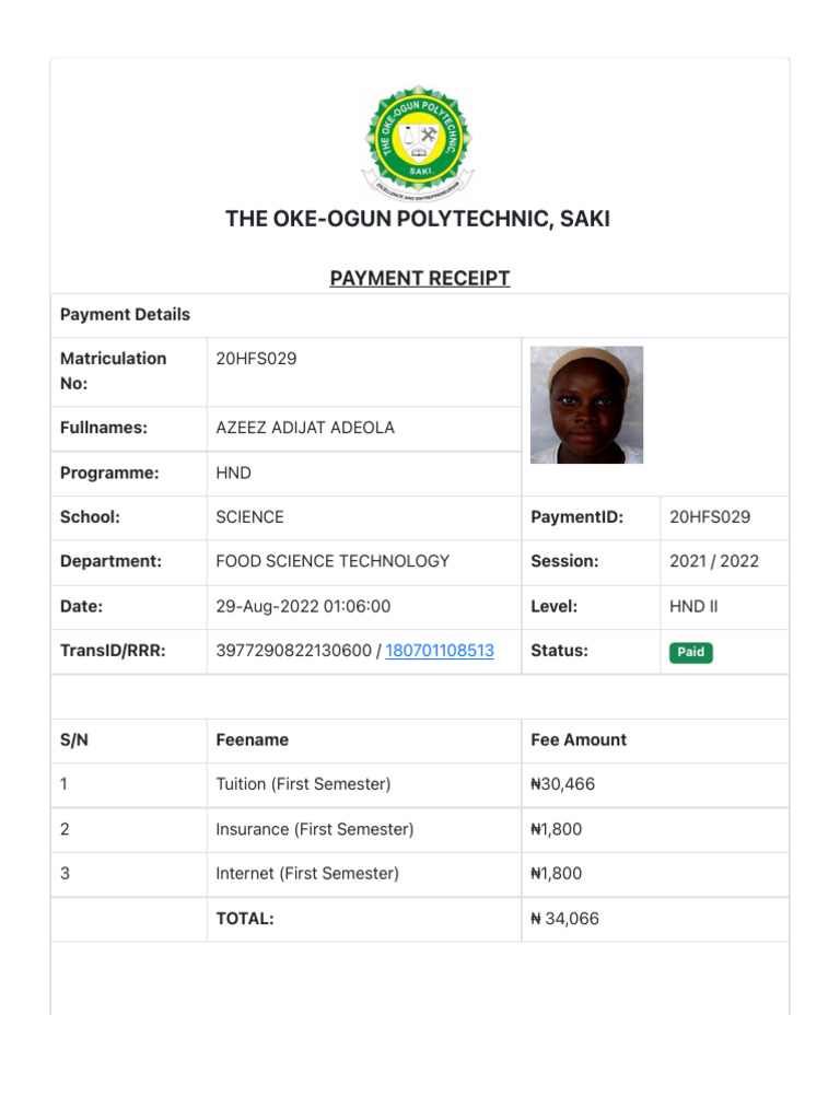 The Oke-Ogun Polytechnic, Saki: Payment Receipt | PDF