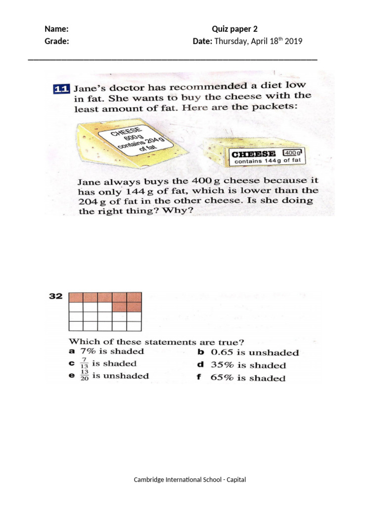 Math Grade 7 - Quiz 6 | PDF