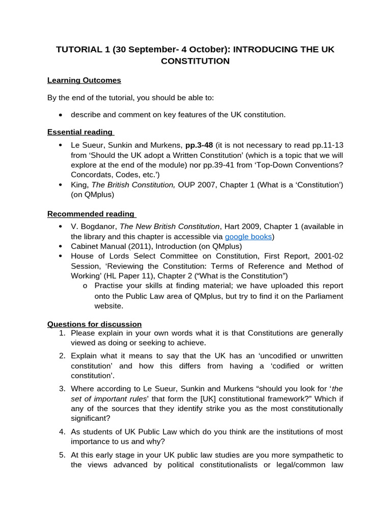 TUTORIAL 1 introducing the uk constitution | PDF