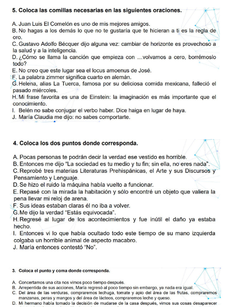 Ejercicios de Punto y Coma, Dos Puntos y Comillas | PDF