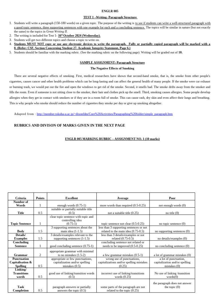 Englr 005 - Paragraph Writing Sample and Rubrics | PDF