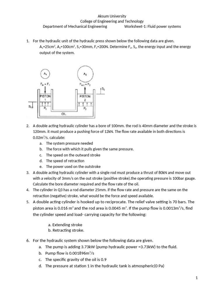 Fluid Power Work Sheet | PDF