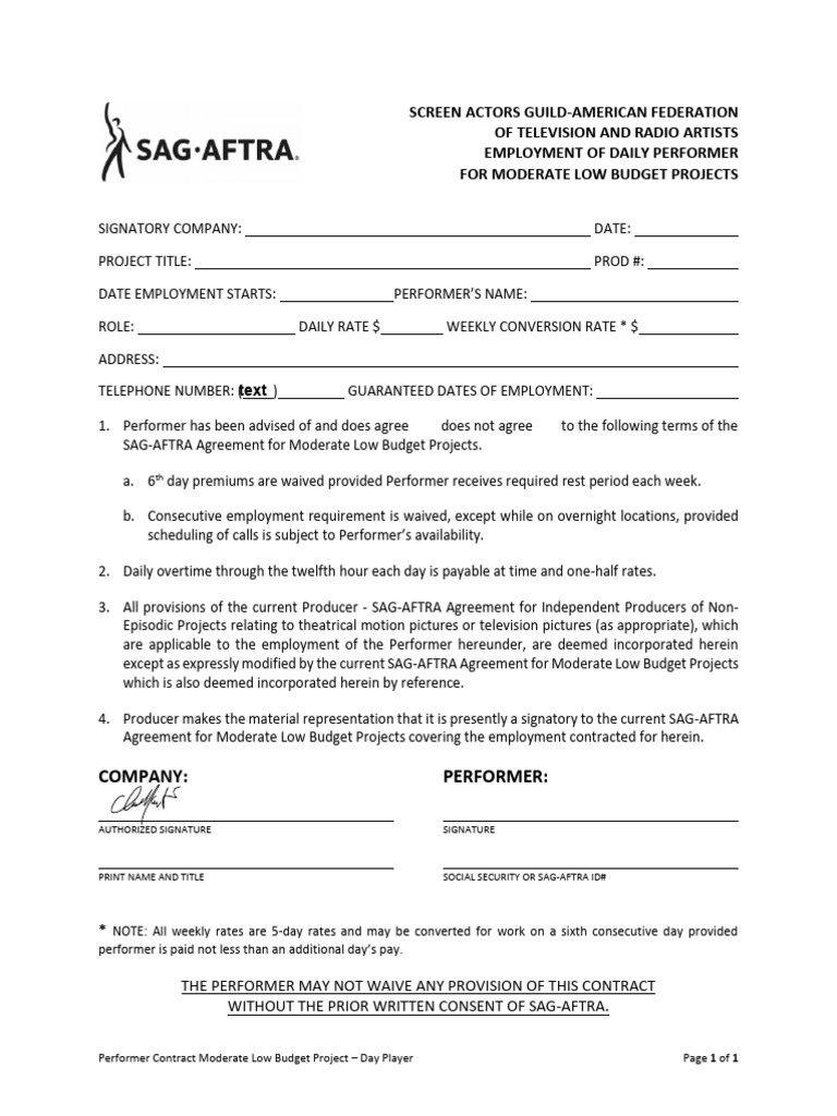 SAG-AFTRA MPA Daily Performer Contract-S | PDF