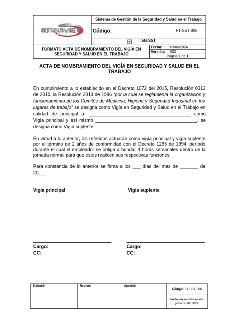 FT-SST-006 Formato Acta de Nombramiento Del Vigia en Seguridad y Salud ...