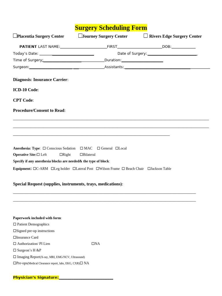 Surgery Scheduling Form | PDF