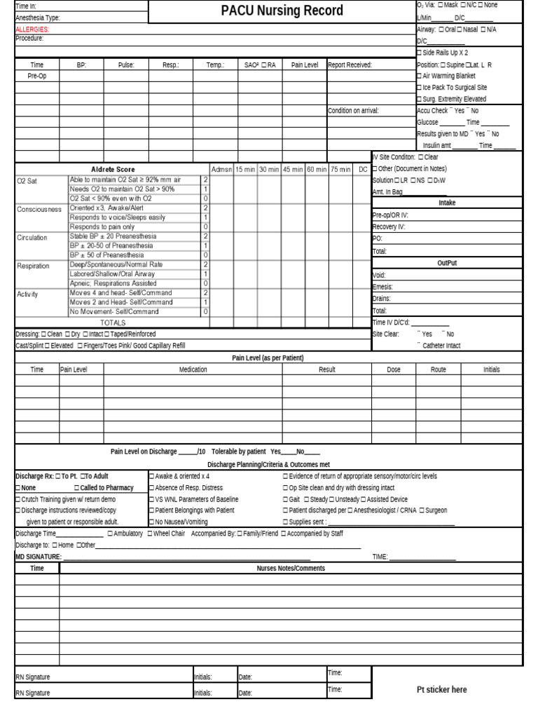 PACU Nursing Record | PDF