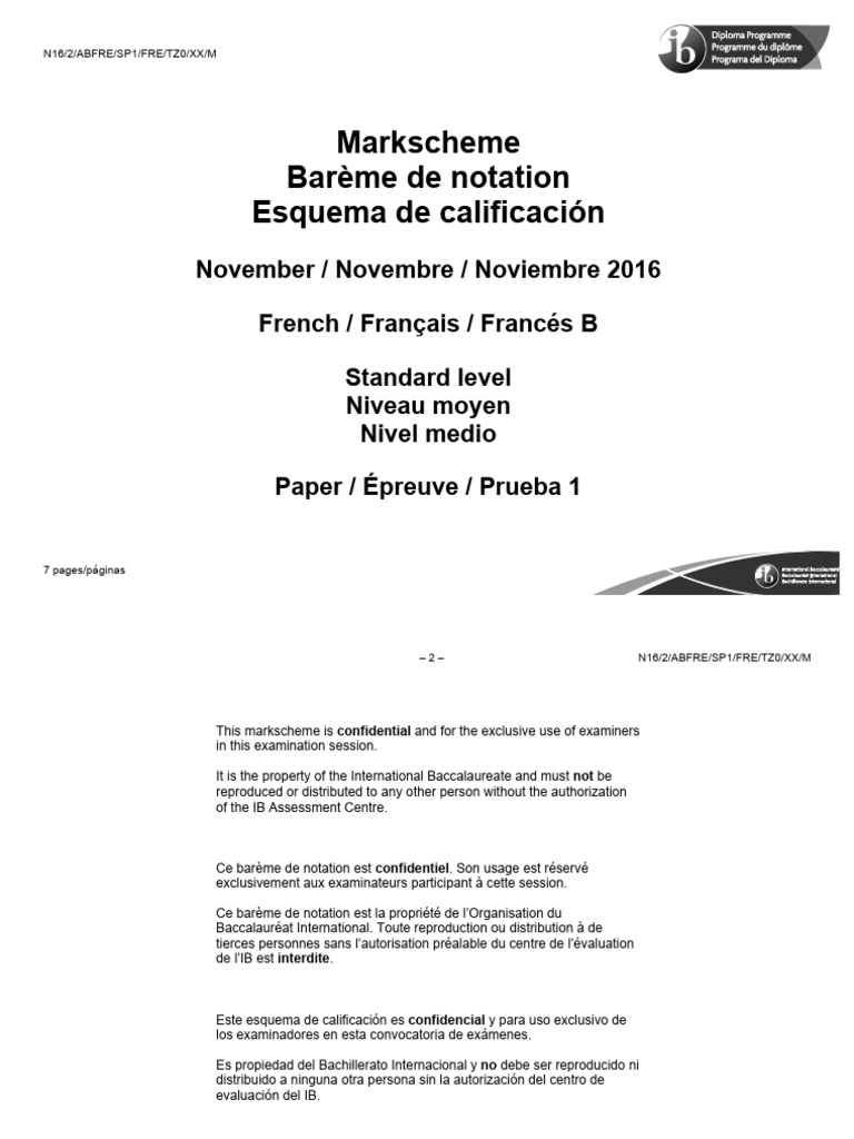 French B Paper 1 SL Markscheme | PDF