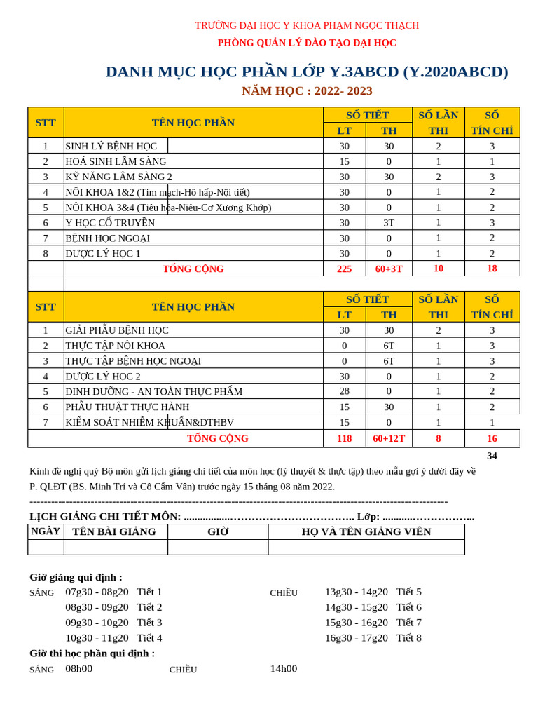 Lich Hoc Y3abcd - nh22-23 Chinh Thuc | PDF