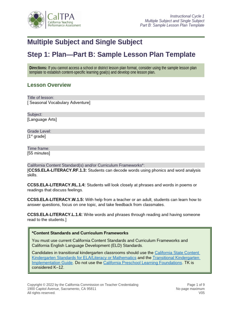 CalTPA C1 S1 B LessonPlan OptionalTemplate | PDF