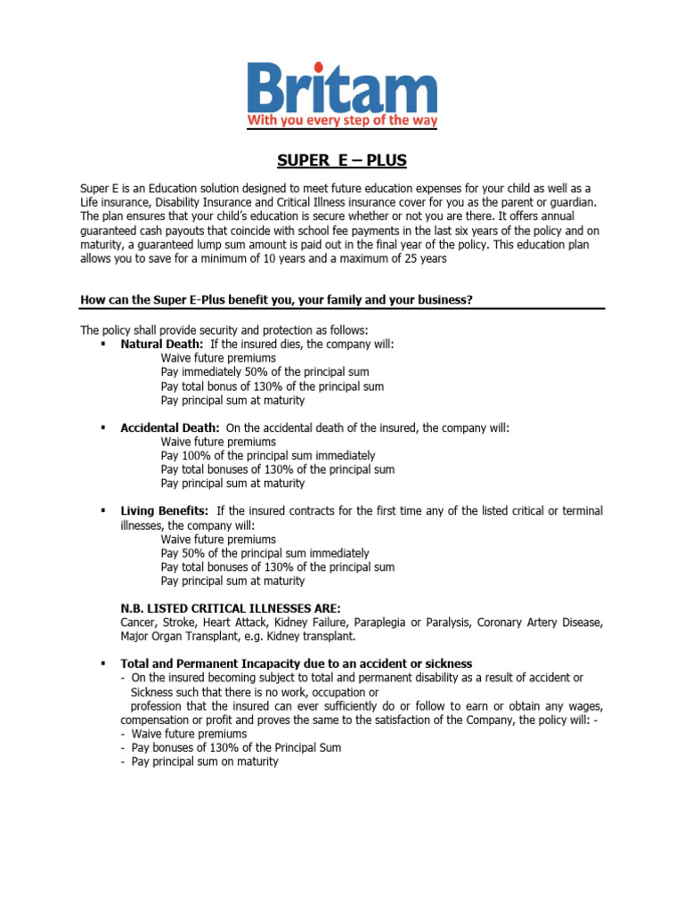 Britam Super E - Education Plan Sales Aid | PDF | Insurance | Financial ...
