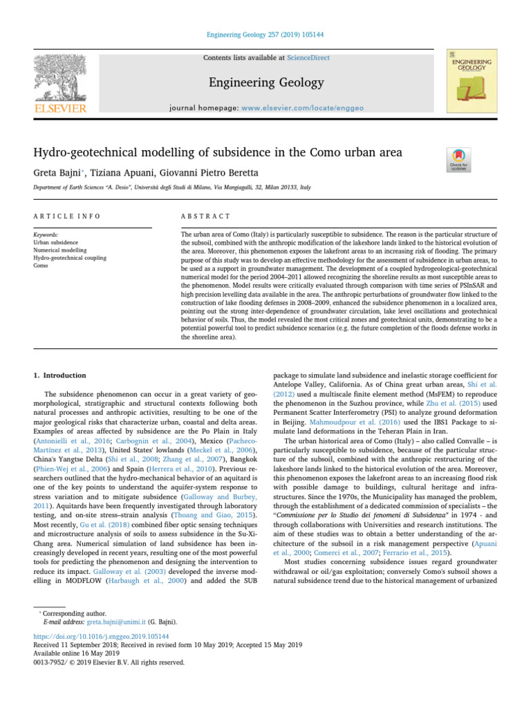 Hydro-Geotechnical Modelling of Subsidence in The Como Urban Area | PDF