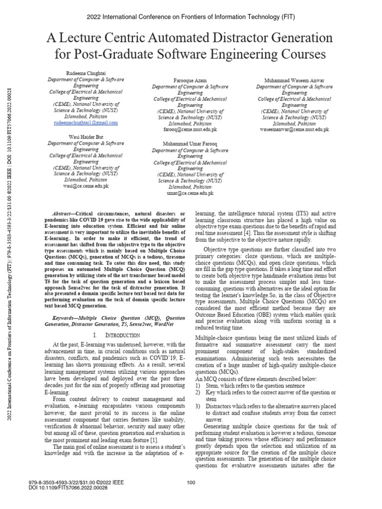 A Lecture Centric Automated Distractor Generation For Post-Graduate Software Engineering Courses ...