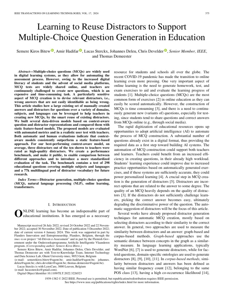 Learning To Reuse Distractors To Support Multiple-Choice Question Generation in Education | PDF