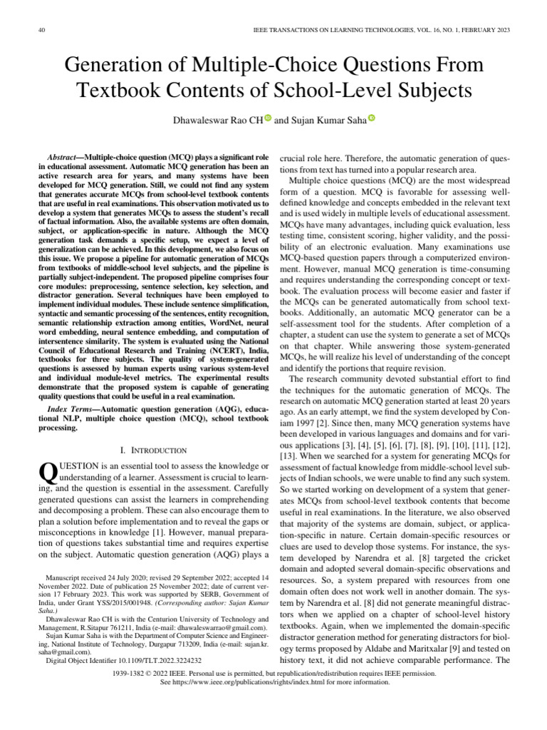 Generation of Multiple-Choice Questions From Textbook Contents of ...