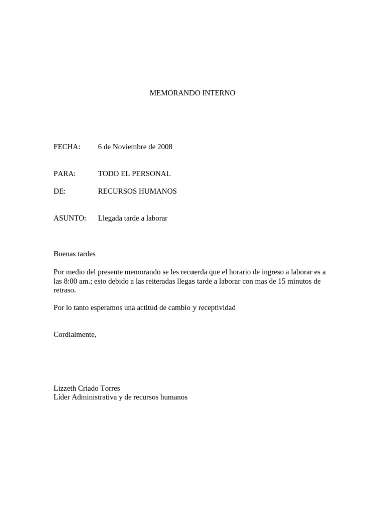 Memorando Interno Llegadas Tarde | PDF
