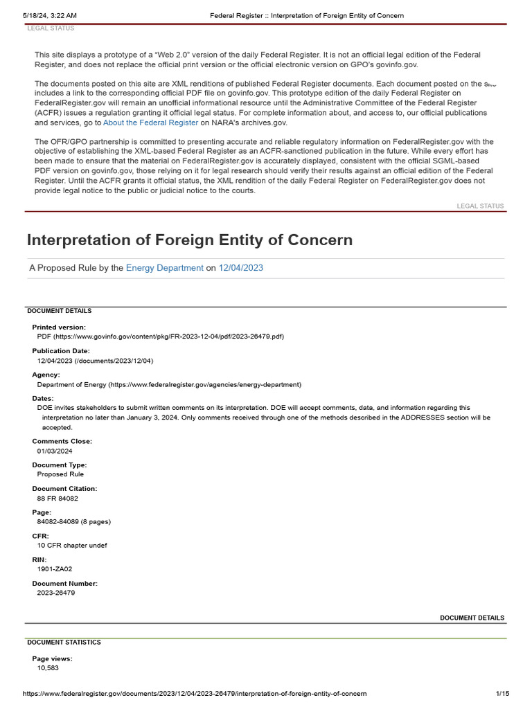 Federal Register __ Interpretation of Foreign Entity of Concern | PDF