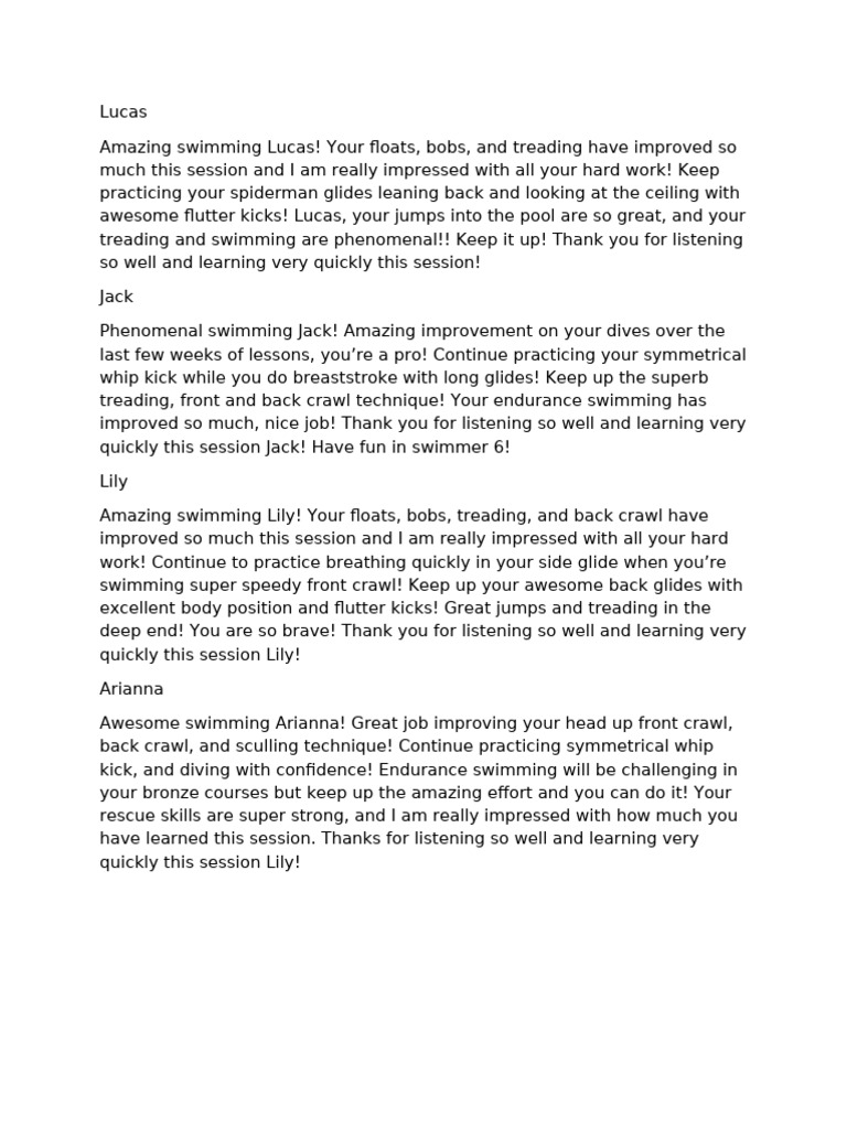 Swim Lesson Report Cards | PDF