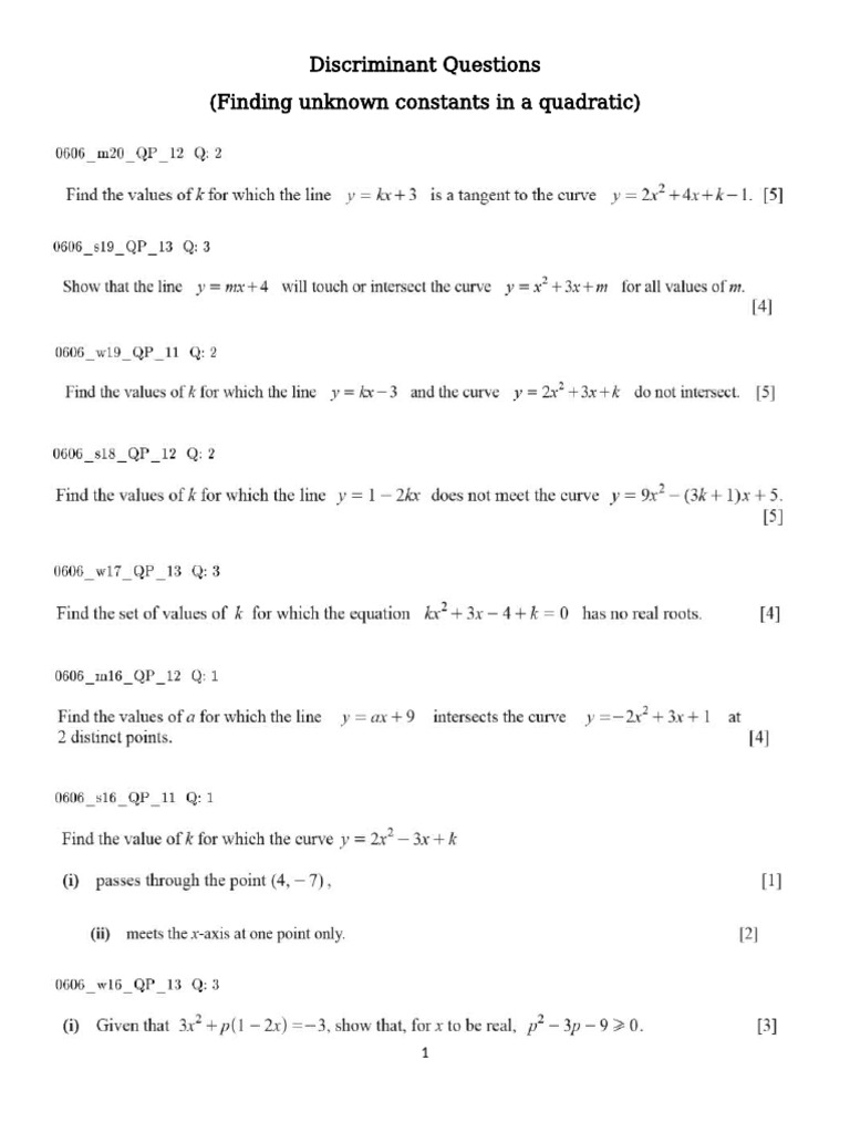 Discriminant Questions (Quadratics IG) | PDF