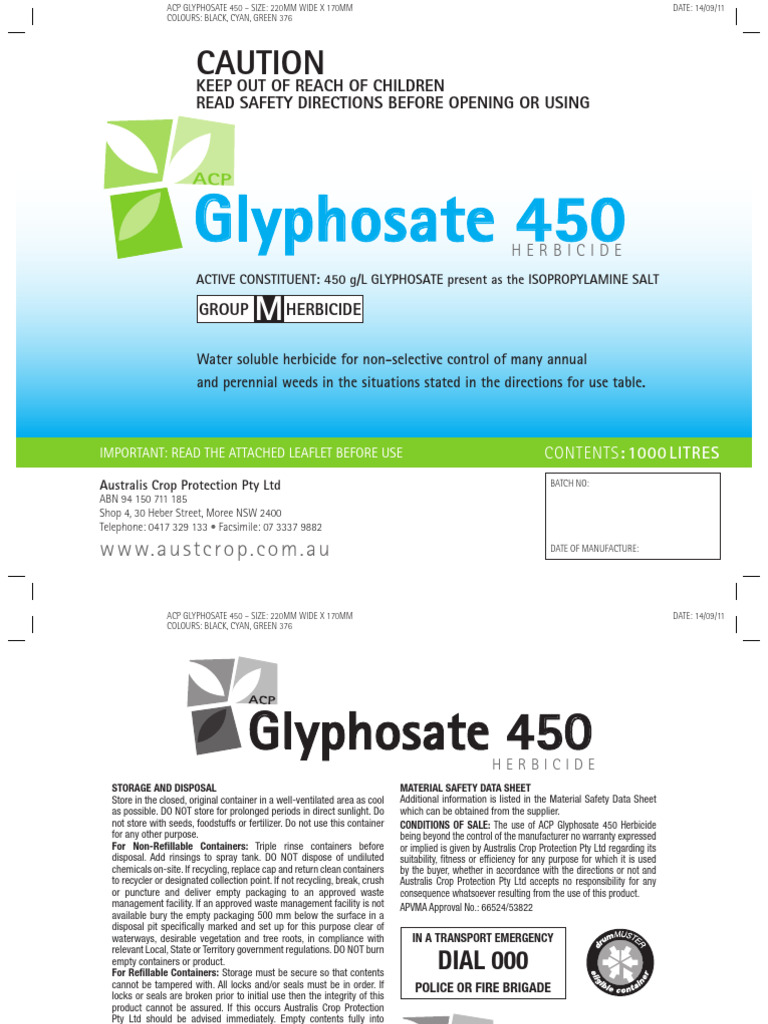 ACP Glyphosate 450 1000L LabelLeaflet | PDF