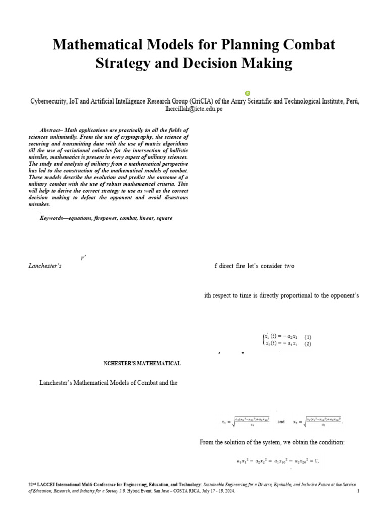 Mathematical Models For Planning Combat Strategy and Decision Making ...