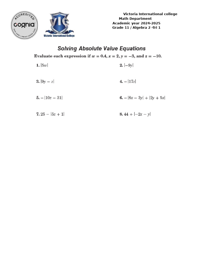 Victoria International College Math Department Academic Year 2024-2025 ...