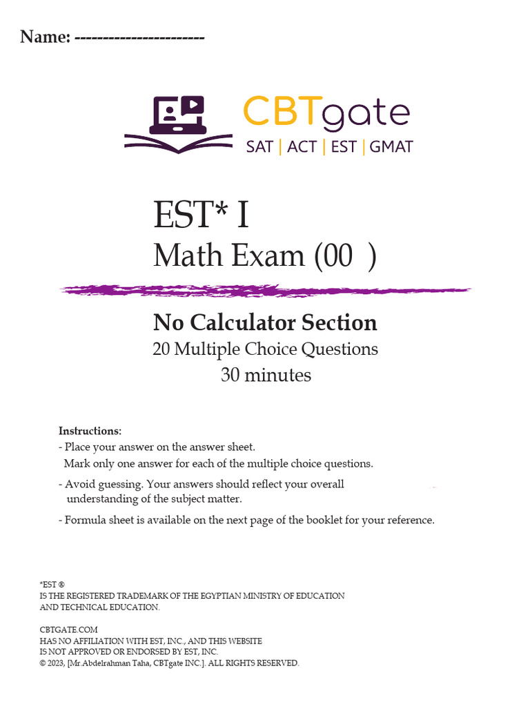 EST I - Math Full Length - CBTgate - Com - 2024 | PDF