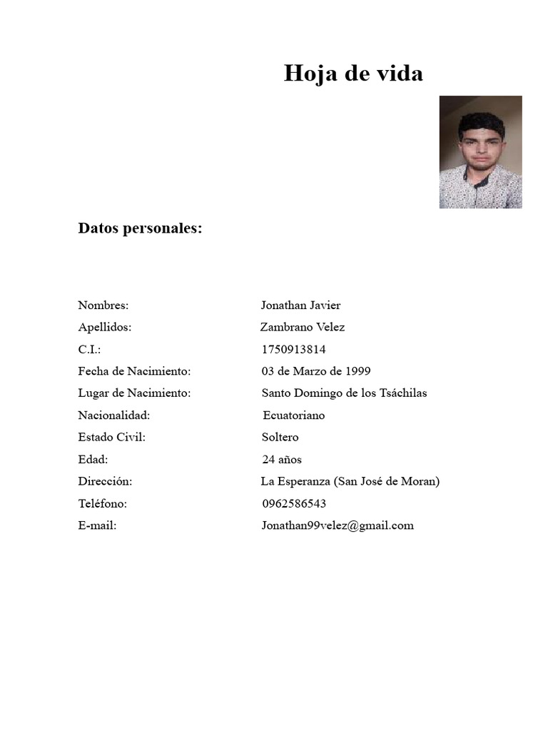 Hoja de Vida Jonathan Zambrano | PDF