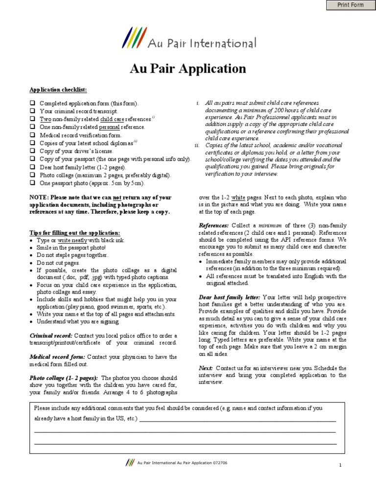 1.au Pair Application Form | PDF | Deductible | Insurance
