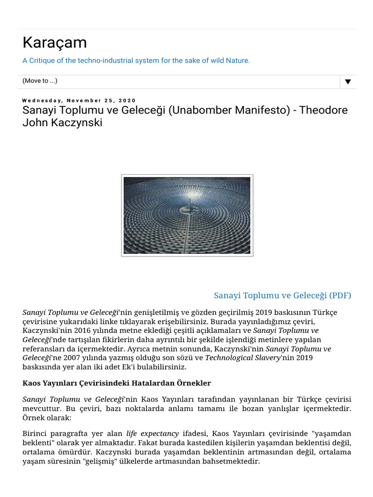 Karaçam - Sanayi Toplumu Ve Geleceği (Unabomber Manifesto) - Theodore ...