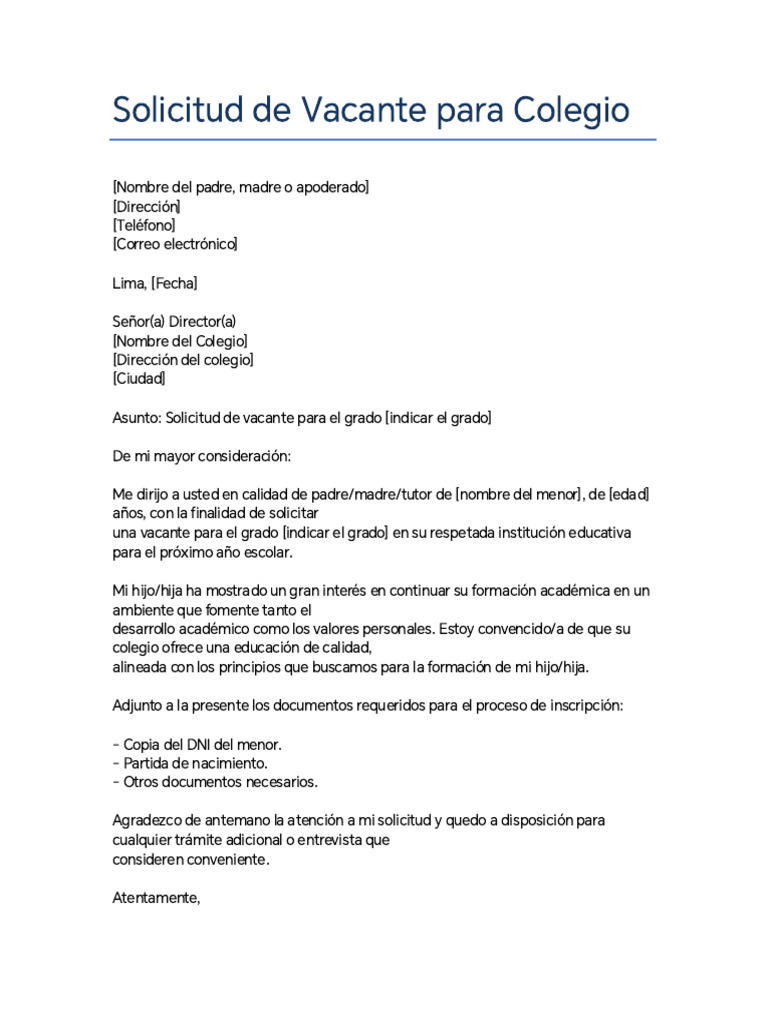 Modelo Solicitud Vacante Colegio Word Peru | PDF
