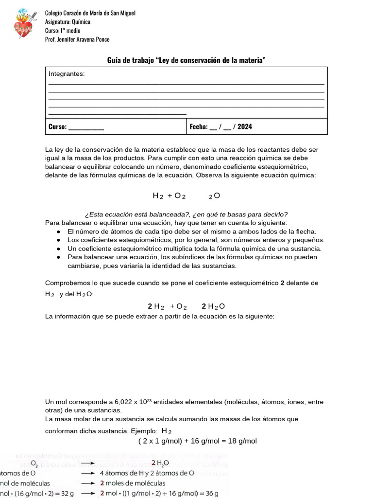 Guía de Trabajo "Ley de Conservacion de La Materia" | PDF