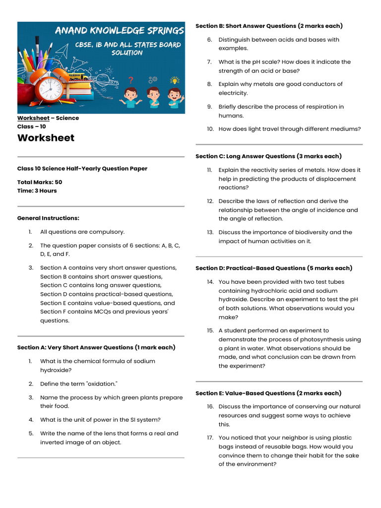 Class 10 Science Worksheet | PDF