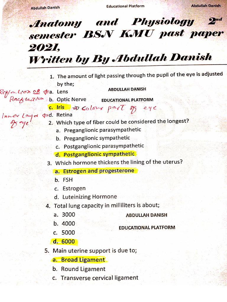 Anatomy and Physiology 2nd Semester BSN Past Paper 2021 With Key, Edu ...