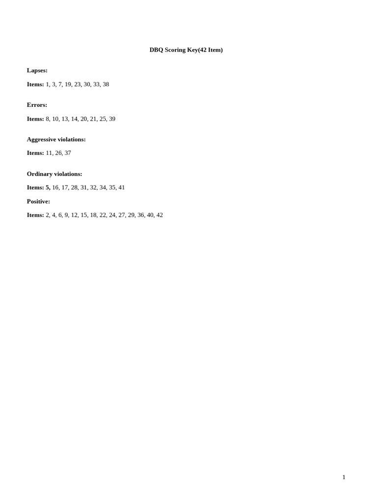 Driver Behaviour Questionnaire DBQ42 TR Scoring | PDF