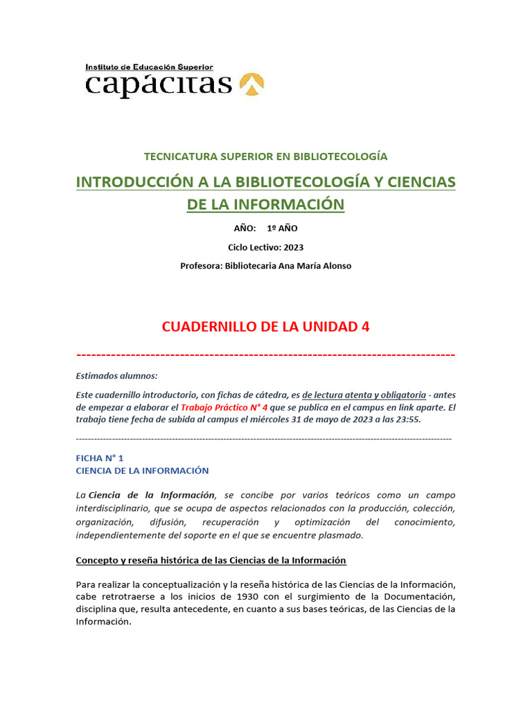 Cuadernillo Unidad #4 Introducción A La Bibliotecologia y Ciencias de La Información Abril Mayo ...
