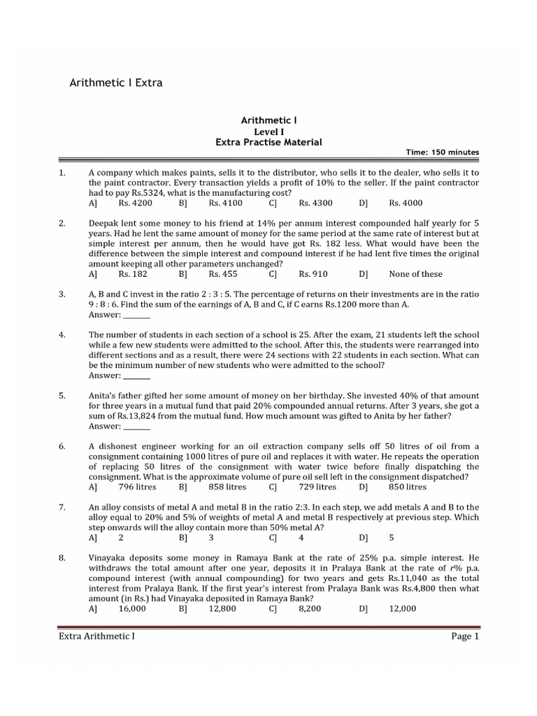 2.Arithmetic-I Extra Practice Material (Official) | PDF