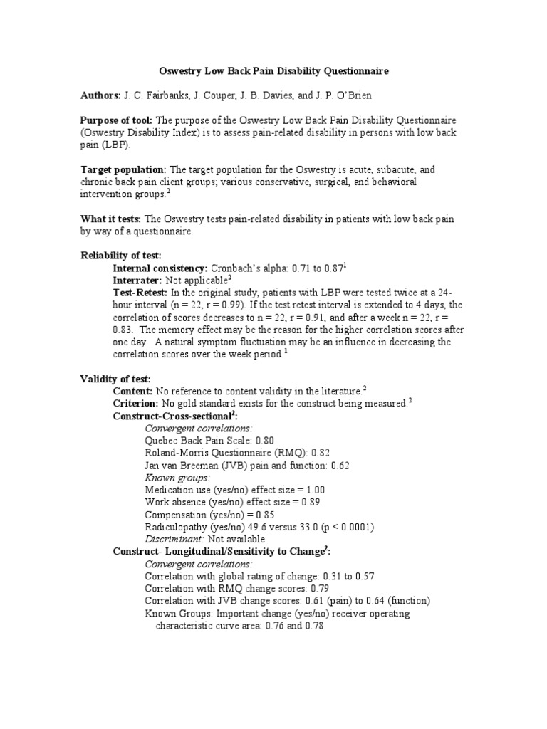 Oswestry Low Back Pain Disability Questionnaire | Pain | Validity ...
