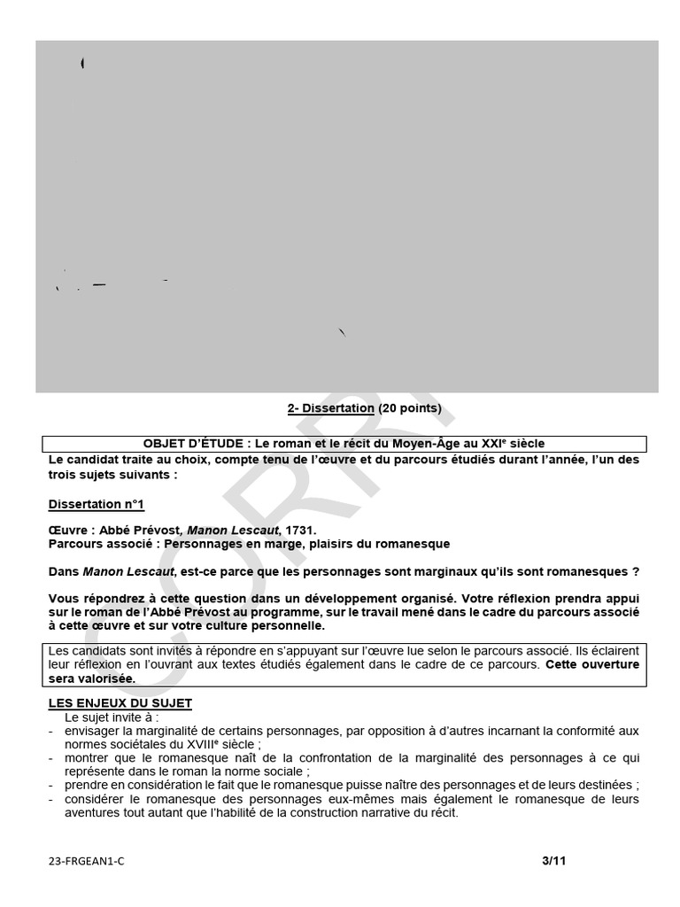 Bac Blanc Corrige Dissert Manon Lescaut | PDF