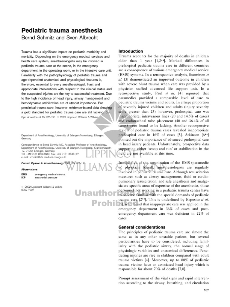 Pediatric Trauma Anesthesia | PDF