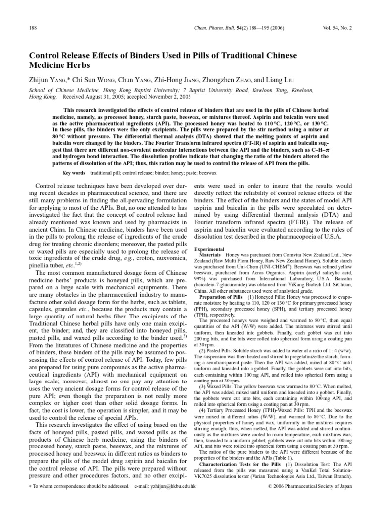 Control Release Effects of Binders Used in Pills of Traditional Chinese ...