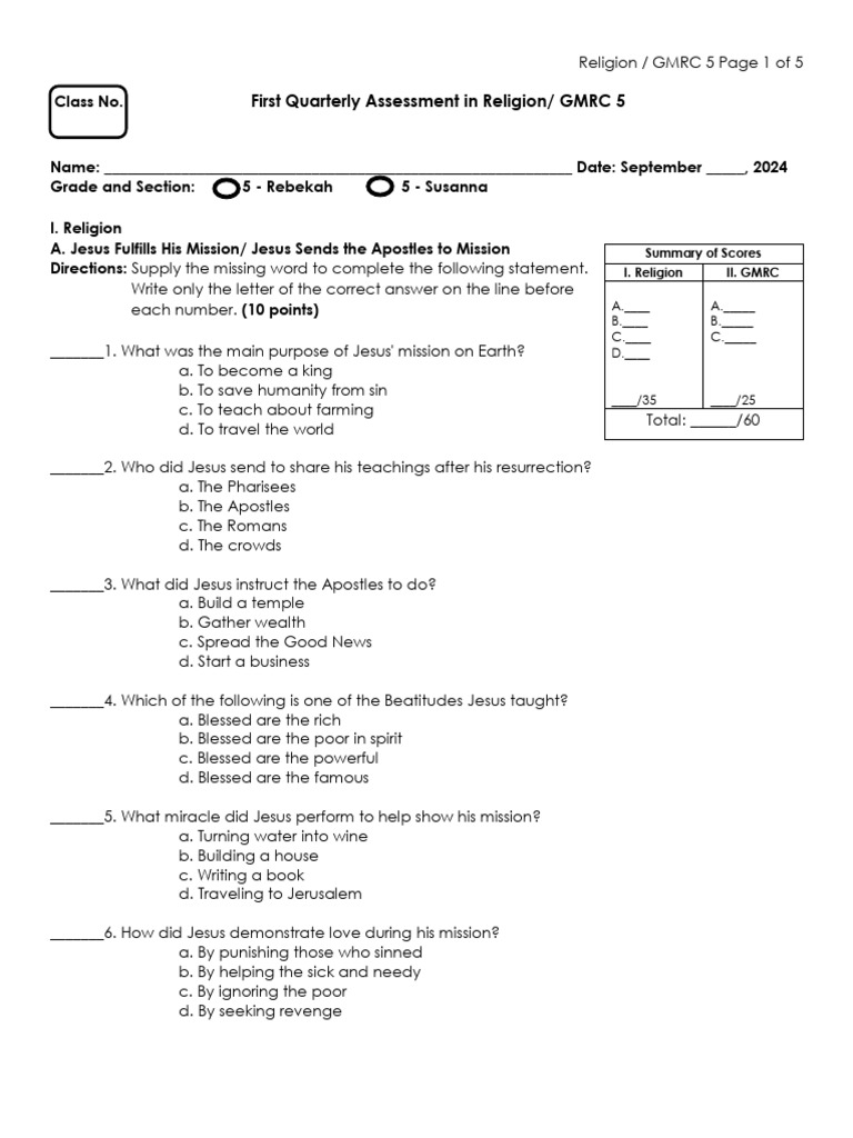 .Archfirst Quarterly Assessment in Religion 5 Checked | PDF