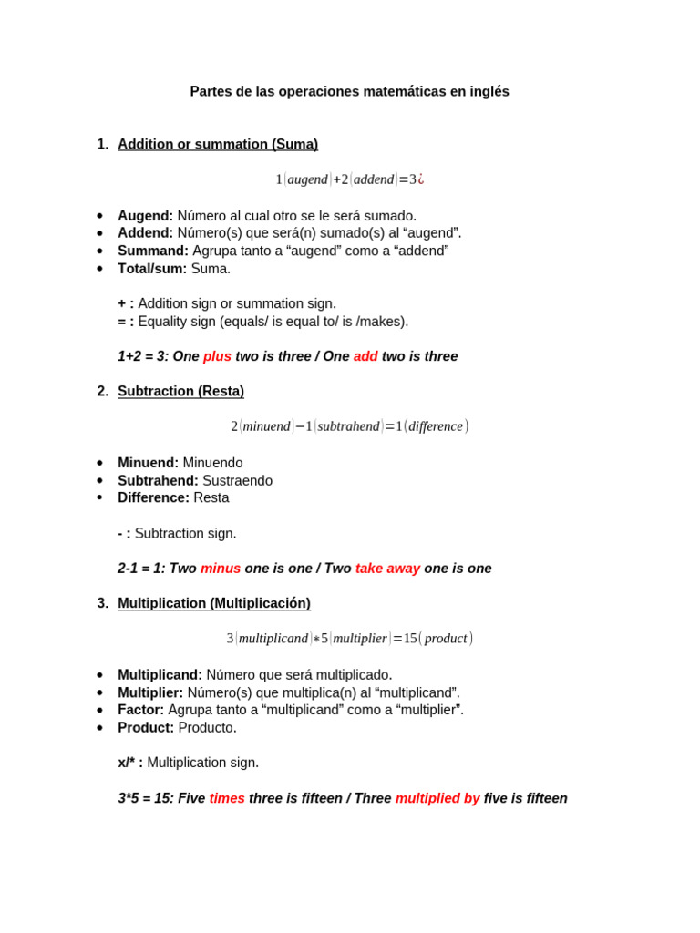Partes de Las Operaciones Matemáticas en Inglés | PDF | División ...