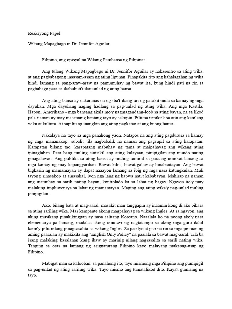 Reaksyong Papel - Wikang Mapagbago Ni Dr. Jennifor Aguilar | PDF